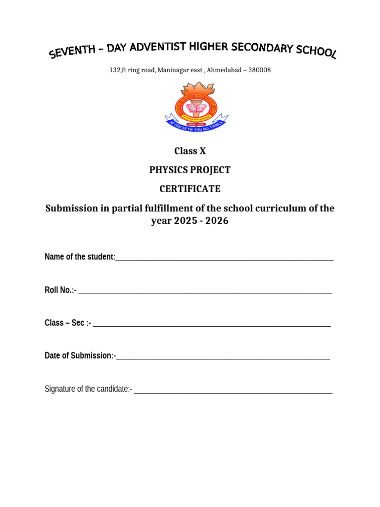 Class X Physics Project Certificate | PDF
