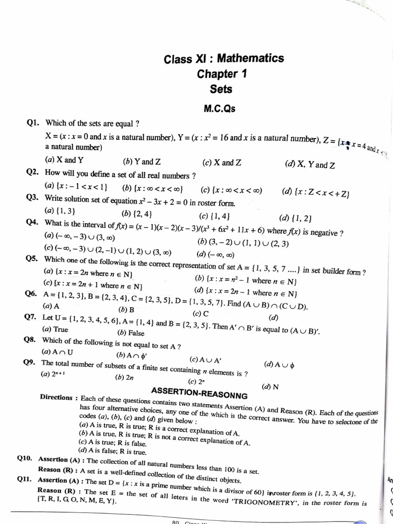 Class XI Mathematics: Sets MCQs and Solutions | PDF