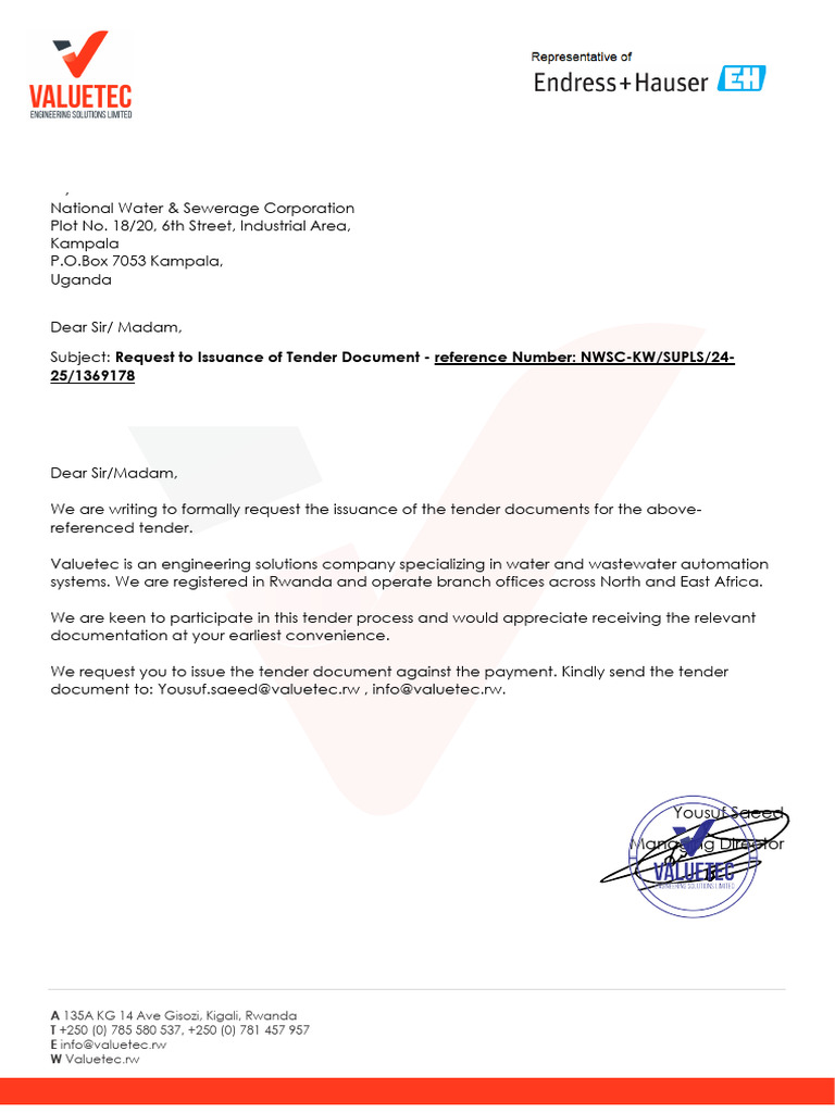 Letter To Tender Purchase | PDF