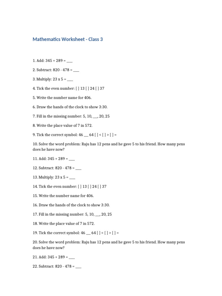 Class 3 Mathematics Worksheet | PDF