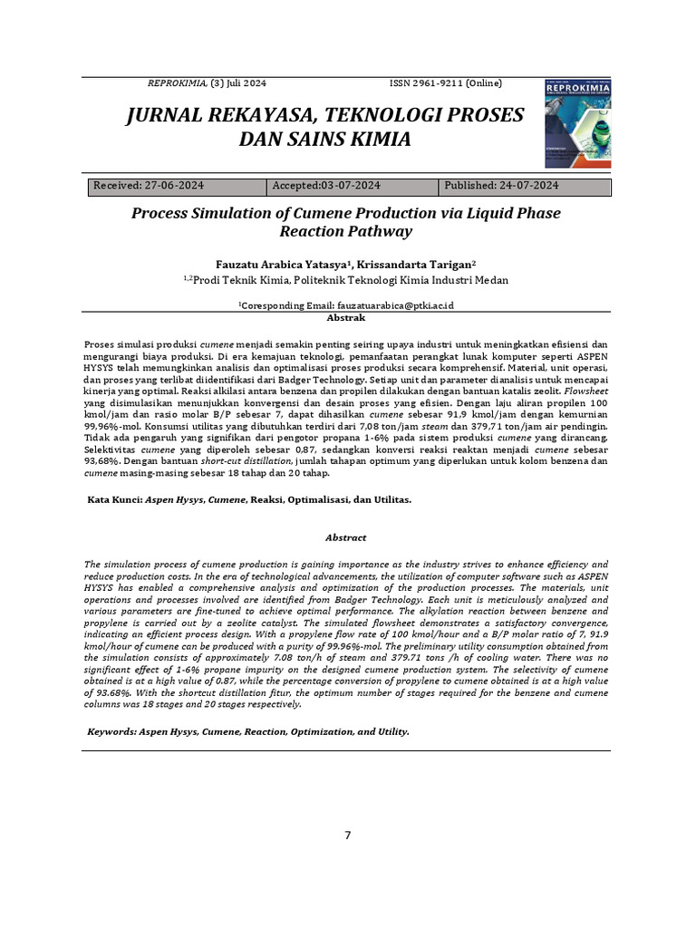 Simulation of Production Cumene | PDF