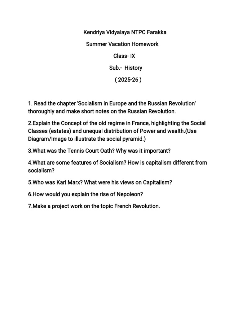 Class IX History Summer Vacation HW | PDF
