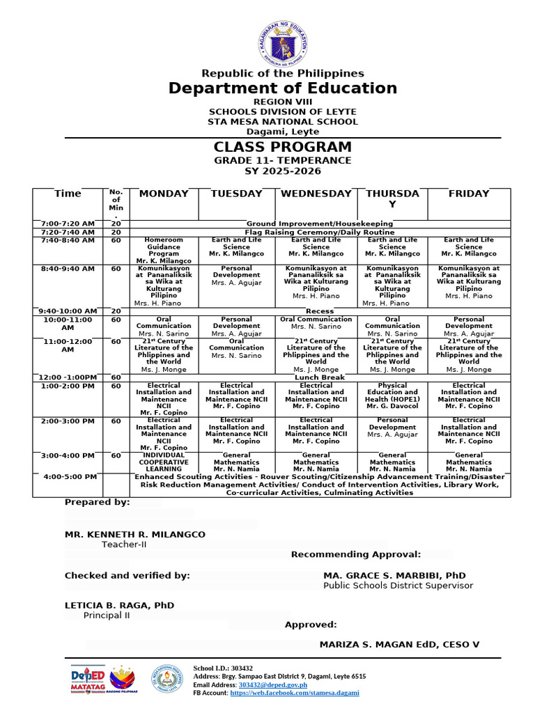 Grade 11 Class Program 2025-2026 | PDF