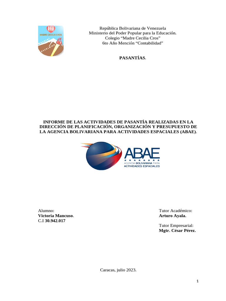 Informe de Pasantìas Victoria Mancuso | PDF | Planificación | Presupuesto