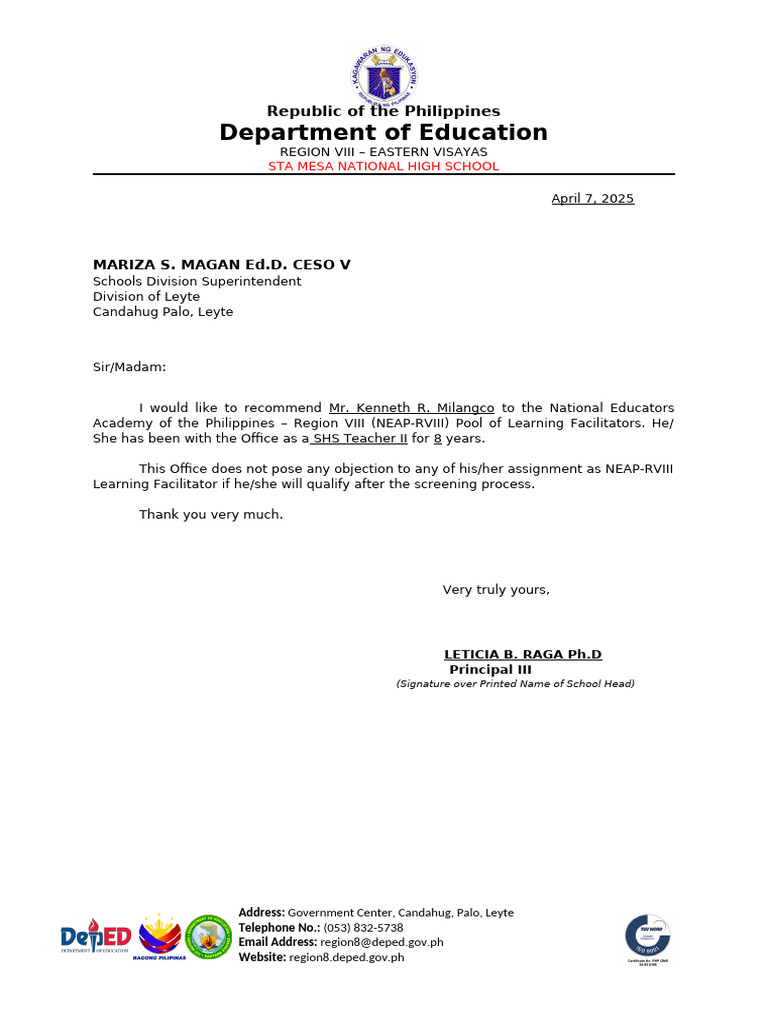 NEAP-RVIII Pool of LFs Letter of Recommendation To SDO | PDF