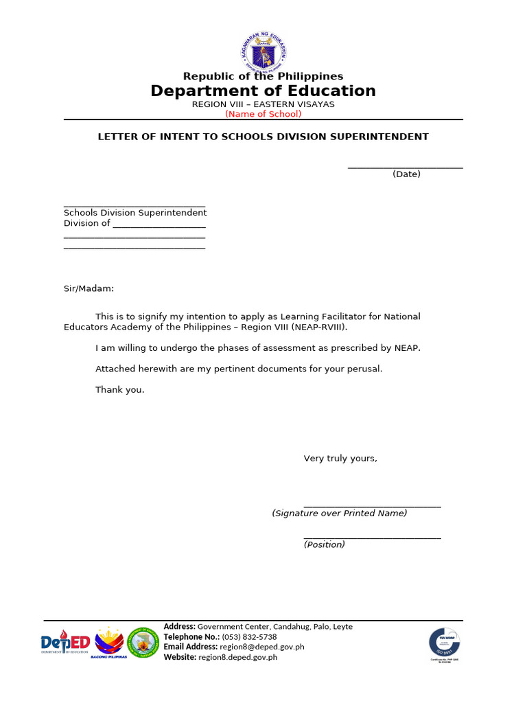 NEAP-RVIII Pool of LFs Letter of Intent To SDS | PDF