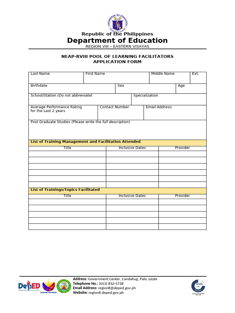 NEAP-RVIII Pool of LFs Application Form | PDF