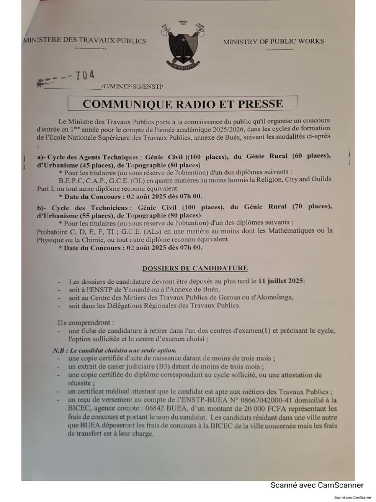 Concours Entrée 1ere Année ENSTP 2025 - 2026 | PDF