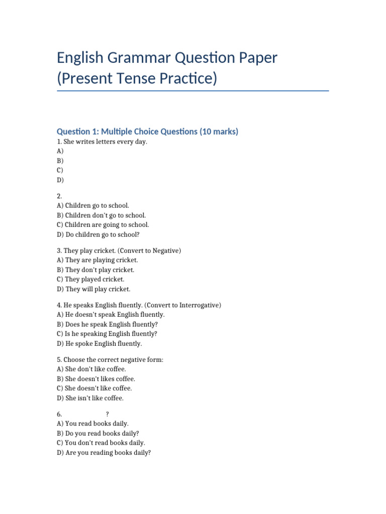 Present Tense Question Paper | PDF | Question | Linguistic Morphology