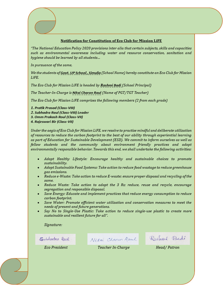 Eco Club Constitution for Mission LiFE | PDF