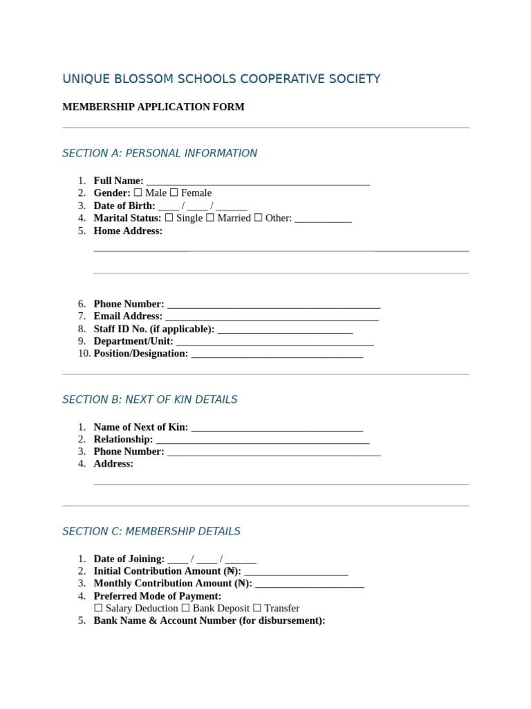 Cooperative Society Membership Form | PDF