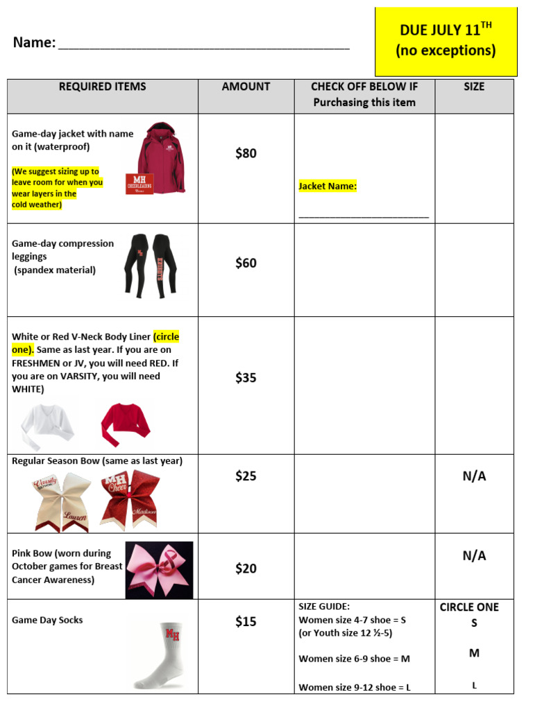 MH Cheer Purhase Sheet 2025 | PDF | Clothing | Fashion