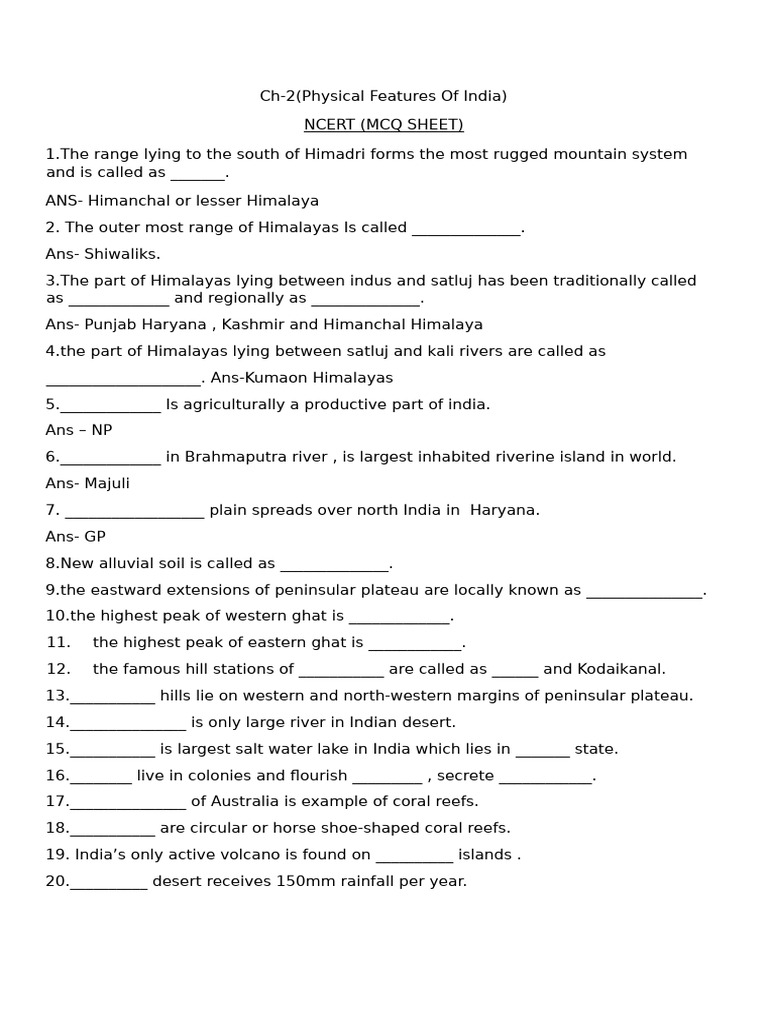 HY Geo CH - 2 (Physical Features of India) Ncert MCQ Sheet 2 | PDF | Himalayas | Earth Sciences