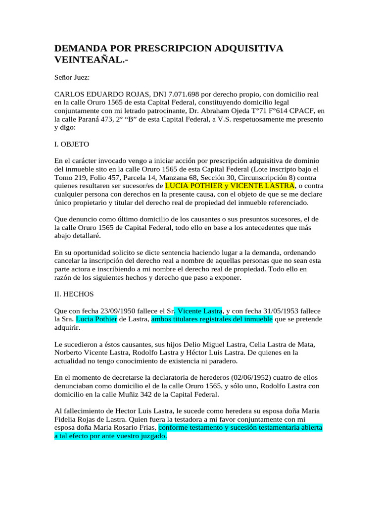 Demanda Por Prescripcion Adquisitiva Veinteañal | PDF | Posesión ...