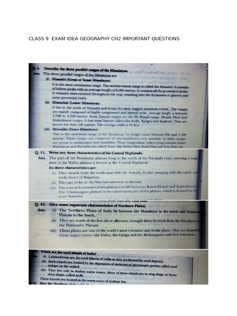 Class 9 Exam Idea Geography CH2 Important Questions | PDF