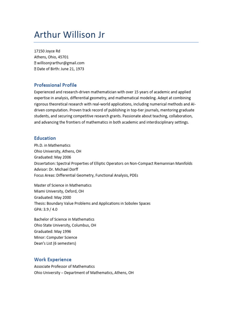 Arthur Willison JR Complete PHD Mathematics CV | PDF | Partial ...