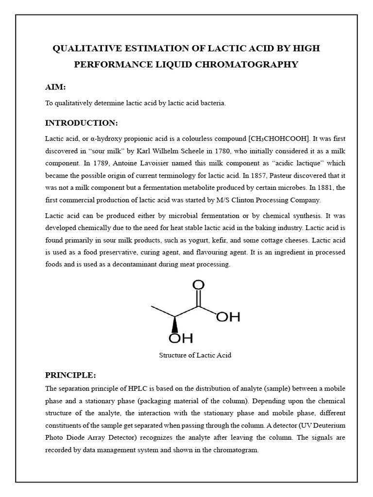 Lactic Acid Estimation via HPLC | PDF | Chromatography | High ...