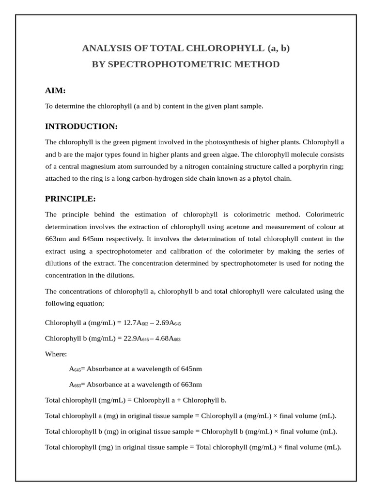 Analysis of Total Chlorophyll (A, B) by Spectrophotometric Method | PDF ...
