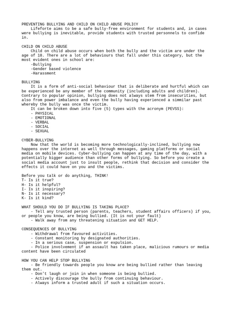 Preventing Bullying and Child On Child Abuse Policy | PDF | Bullying ...