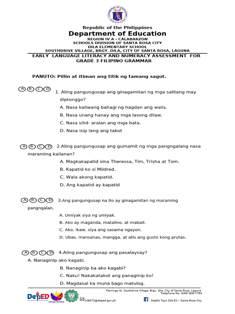 Elln Sample Questions Filipino 3 Grammar | PDF