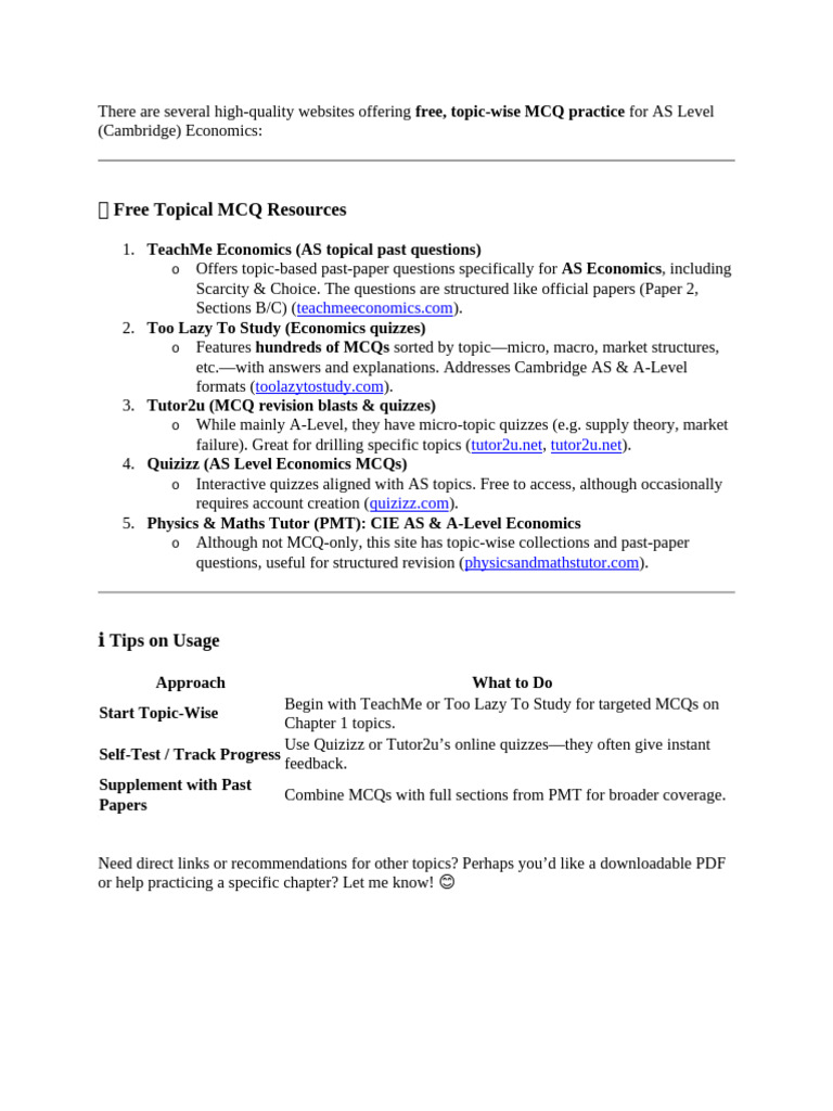 AS Level Economics MCQ Resources Guide | PDF