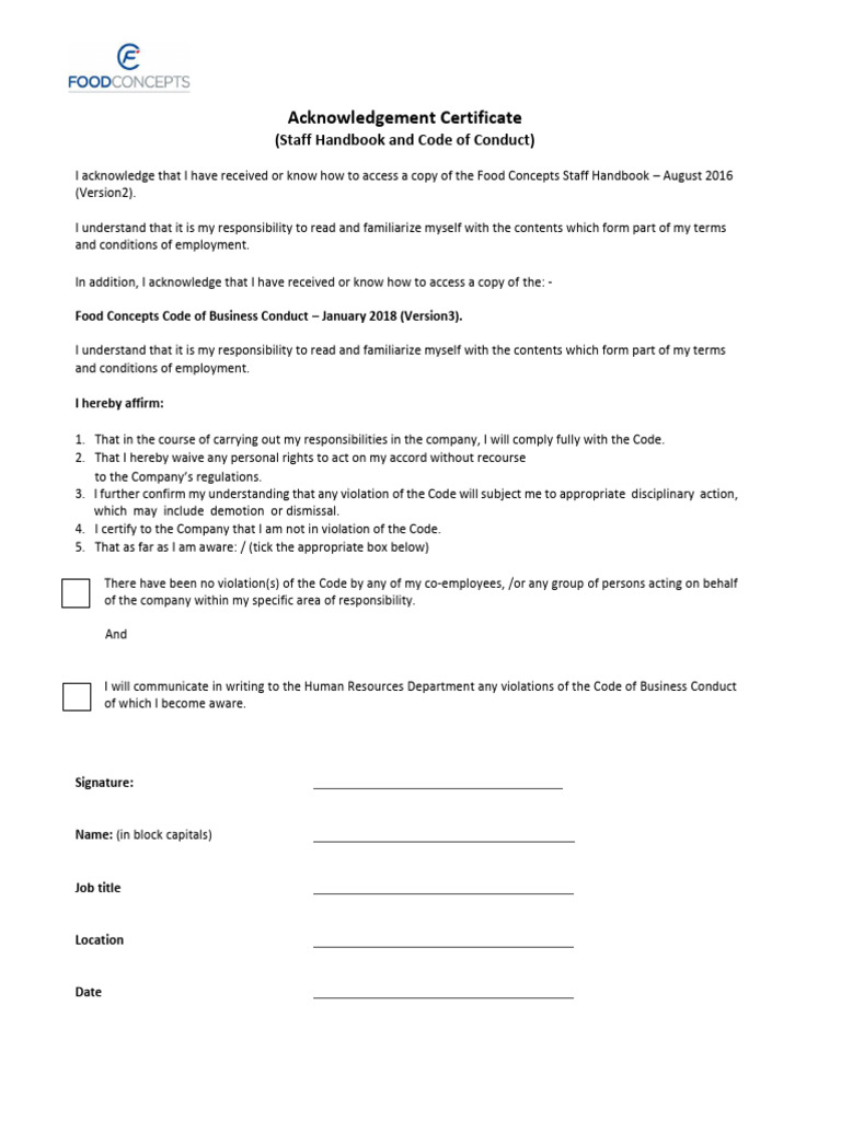 Code of Conduct and Staff Handbook Acknowledgement 2 | PDF