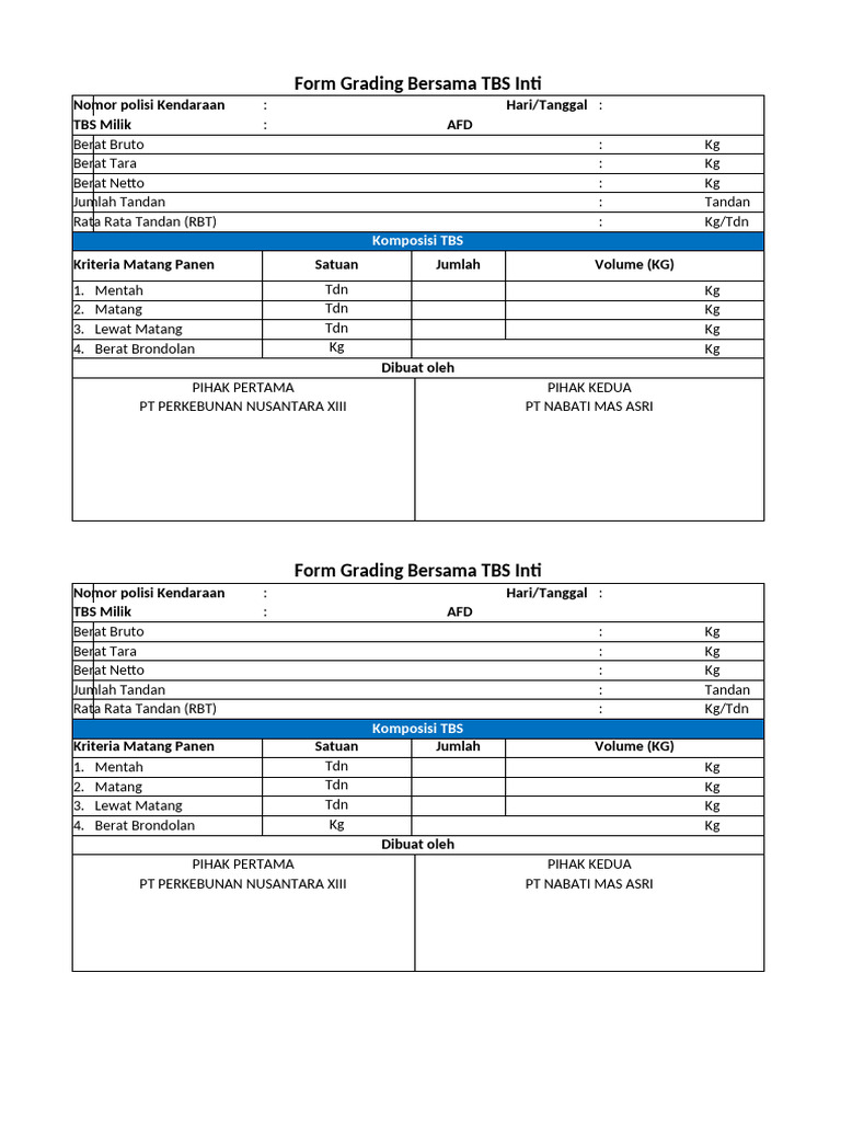 Form Grading TBS PT Nabati Mas Asri | PDF