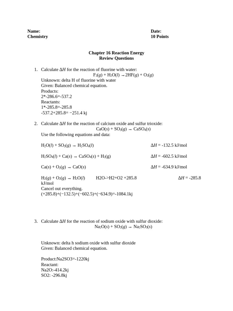 Chapter 16 Reaction Energy Review Questions-2 | PDF | Chemical ...