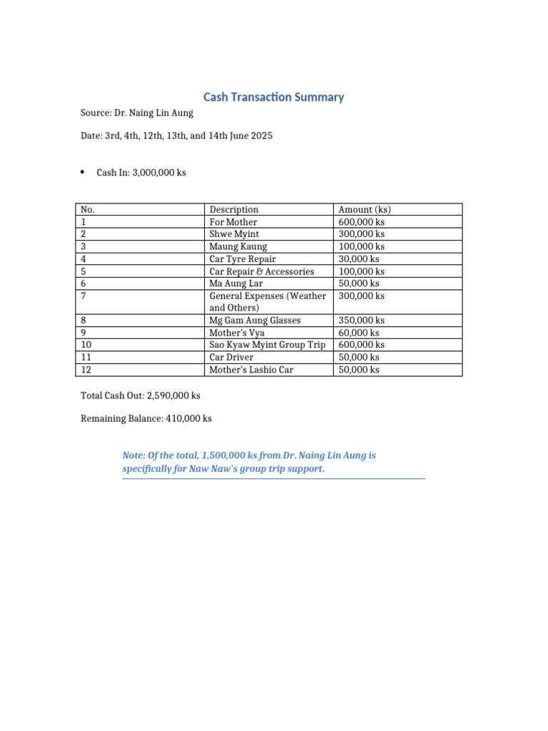 Professional Cash Transaction Summary | PDF