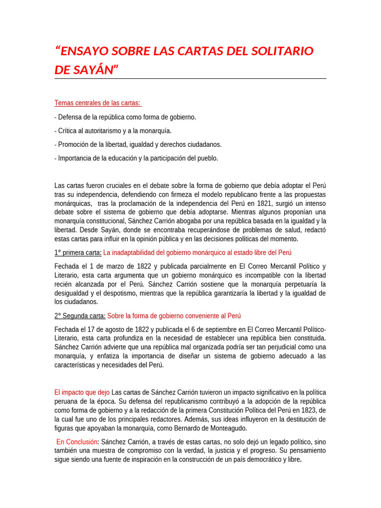 Ensayo Sobre Las Cartas Del Solitario de Sayán | PDF | República | Perú