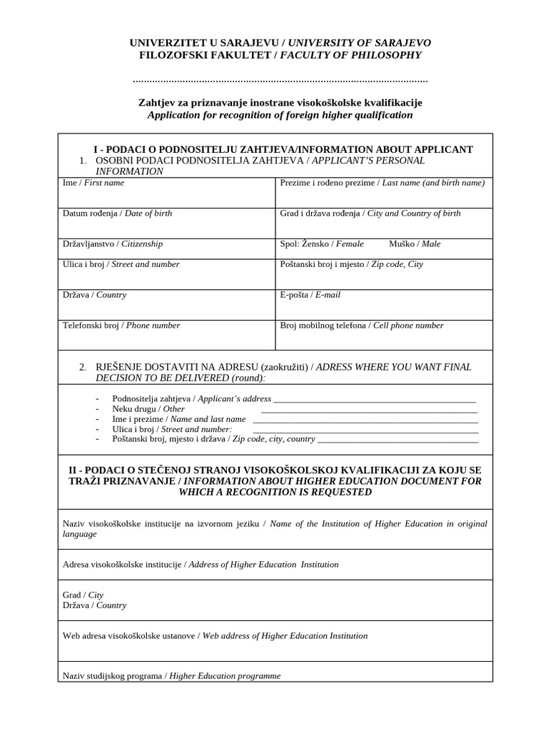 Obrazac Za Priznavanje Inostrane Visokoskolske Kvalifikacije 2 | PDF