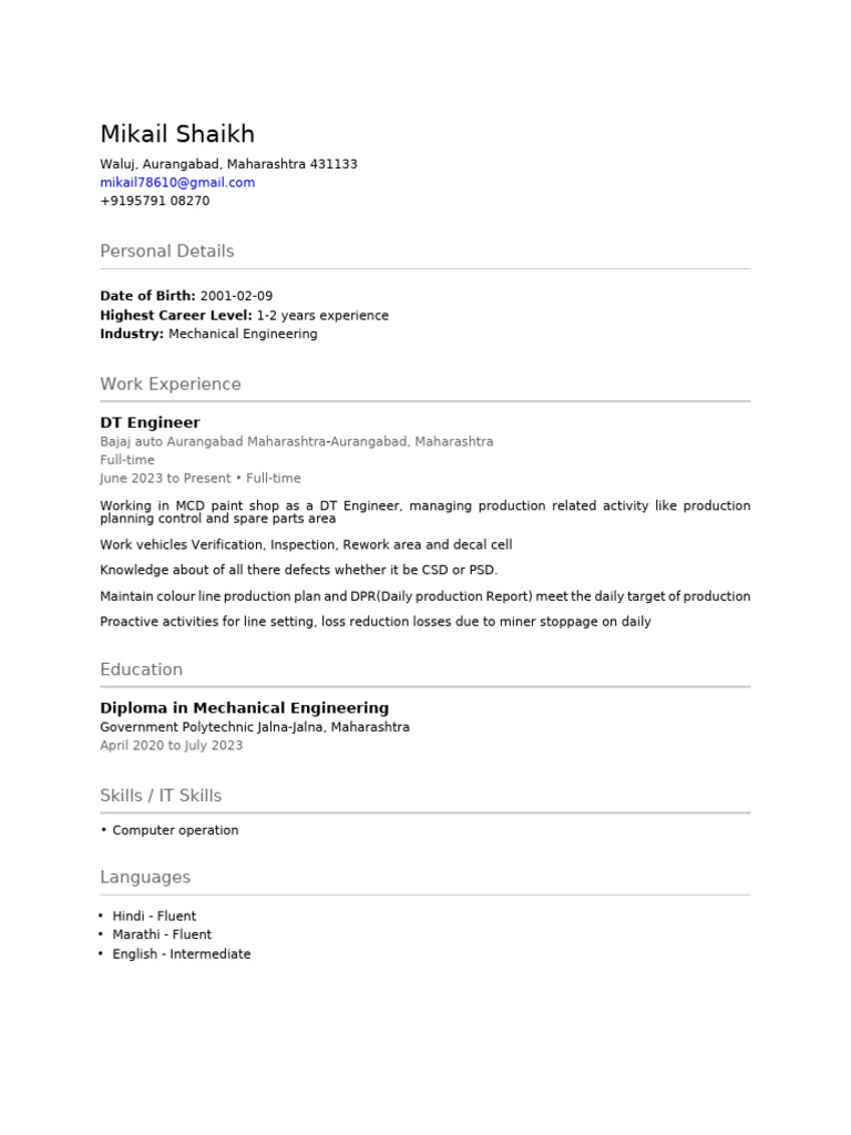 Mechanical Engineer Resume - Mikail Shaikh | PDF