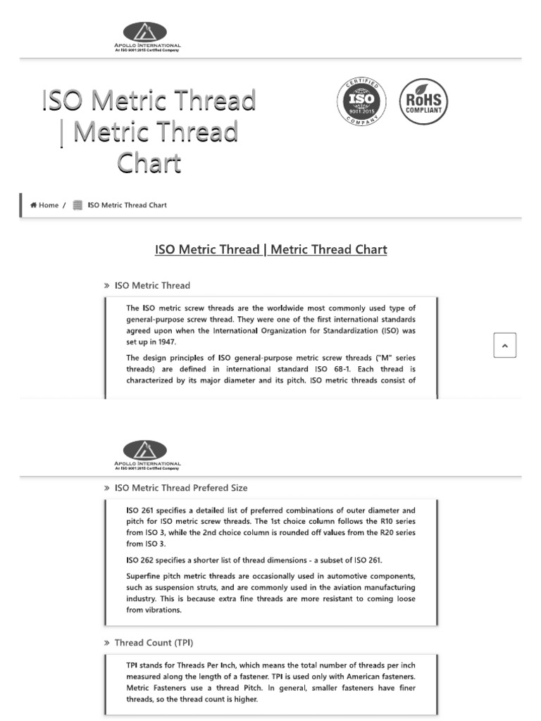 Metric Thread Chart Standard e Metriche Threaded Cahrte | PDF