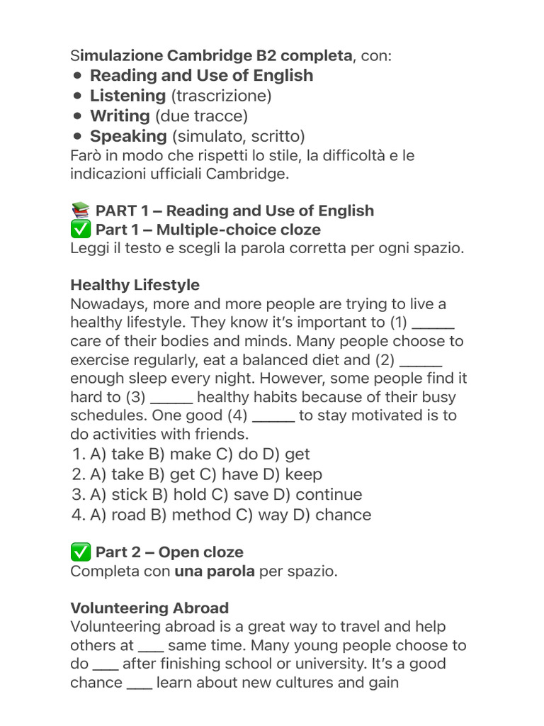 Simulazione Cambridge B2 Completa, Con | PDF