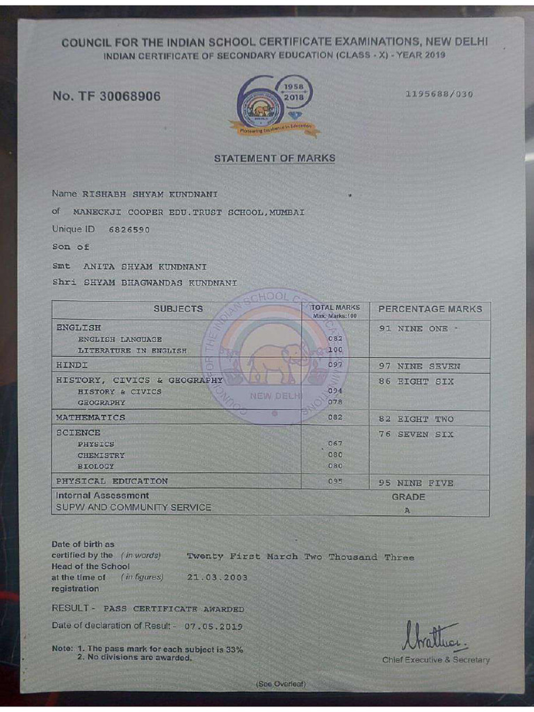 10th Marksheet RK | PDF