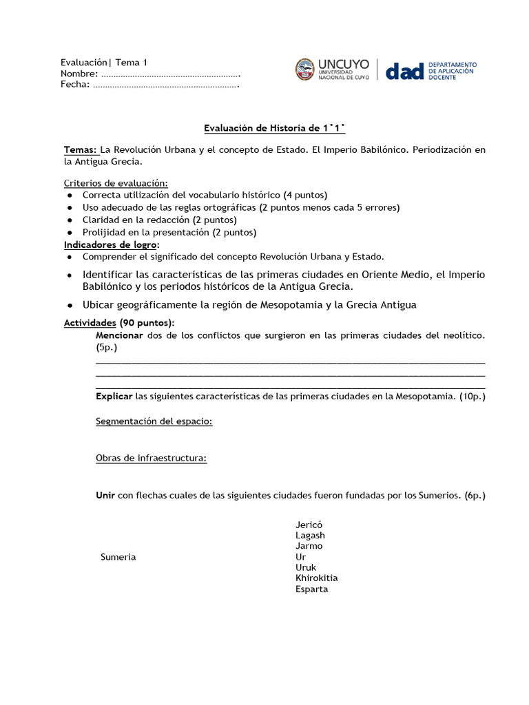 Evaluacion 1° 1° DAD Tema 1 (Imp 15) | PDF | Mesopotamia