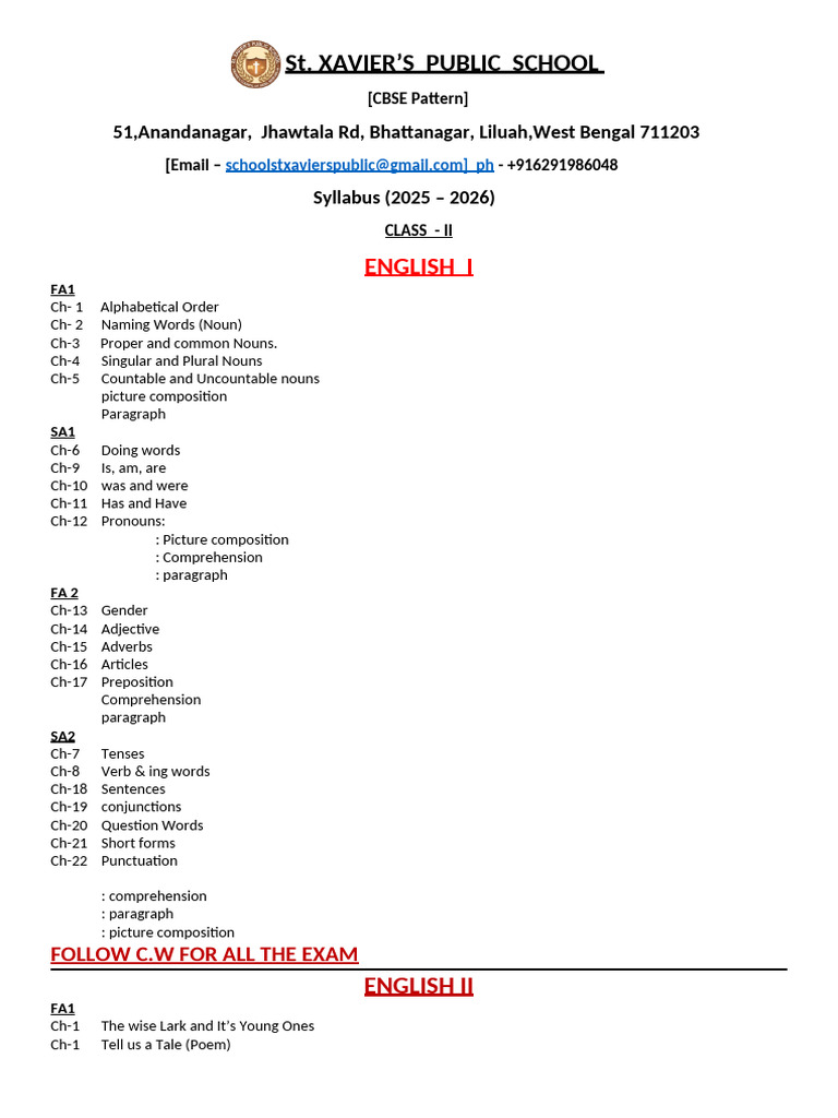 Class 2 Syllabus Overview (2025-2026) | PDF | Noun | Word