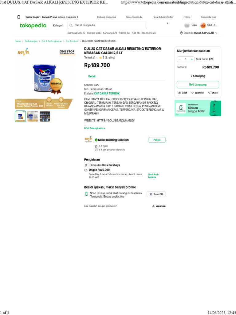 Jual Dulux Cat Dasar Alkali Resisting Exterior Kemasan Galon 2,5 LT - Kota Surabaya - Masa ...