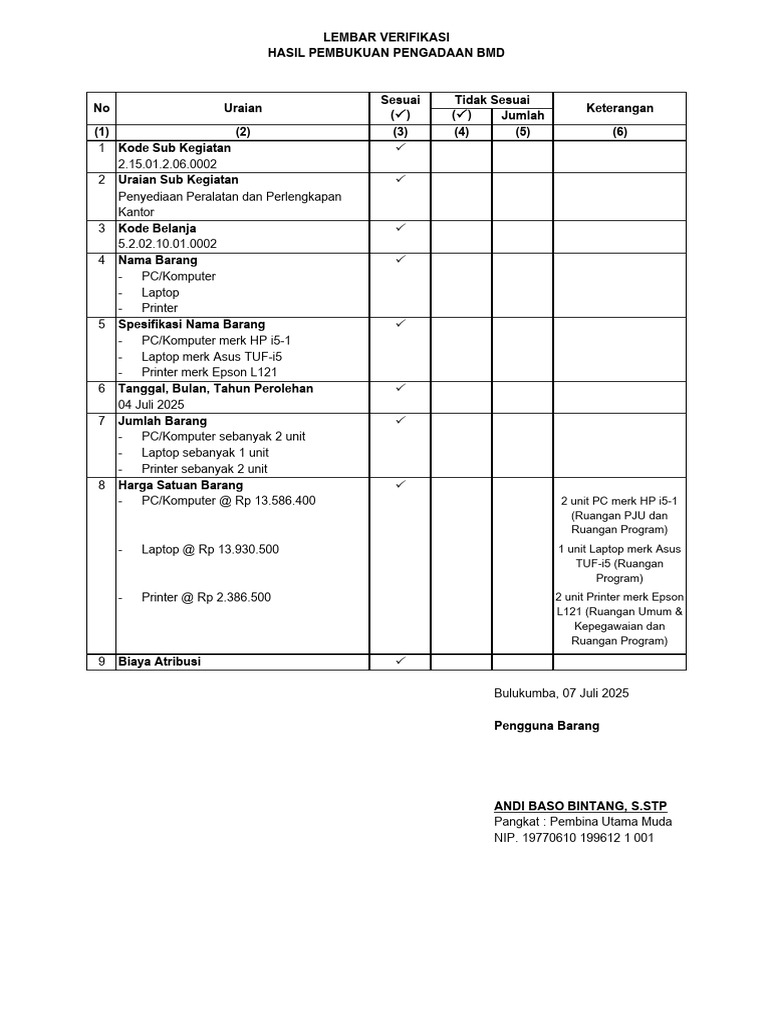 Lembar Verifikasi PC | PDF