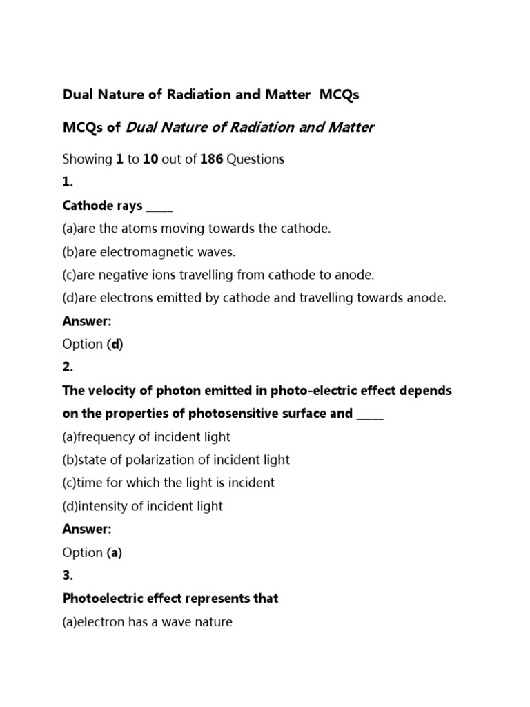 MCQs on Dual Nature of Radiation | PDF | Electromagnetic Radiation ...