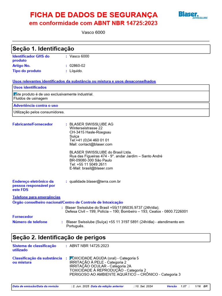 Ficha de Segurança Vasco 6000 | PDF