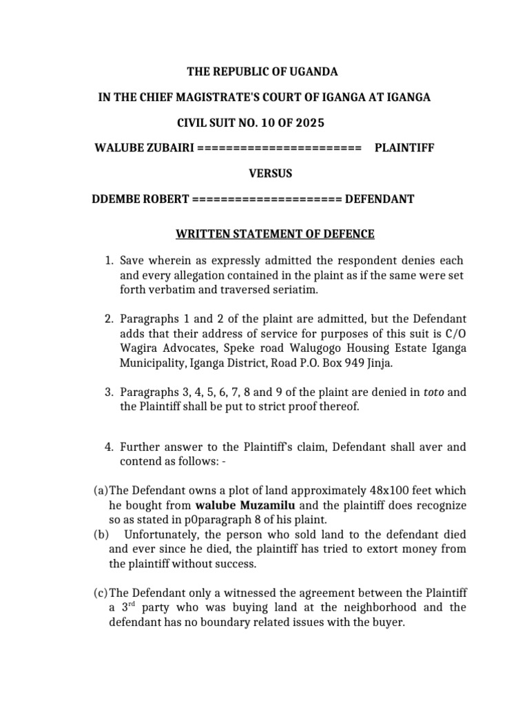 Written Statement of Defence Zuba | PDF | Lawsuit | Plaintiff