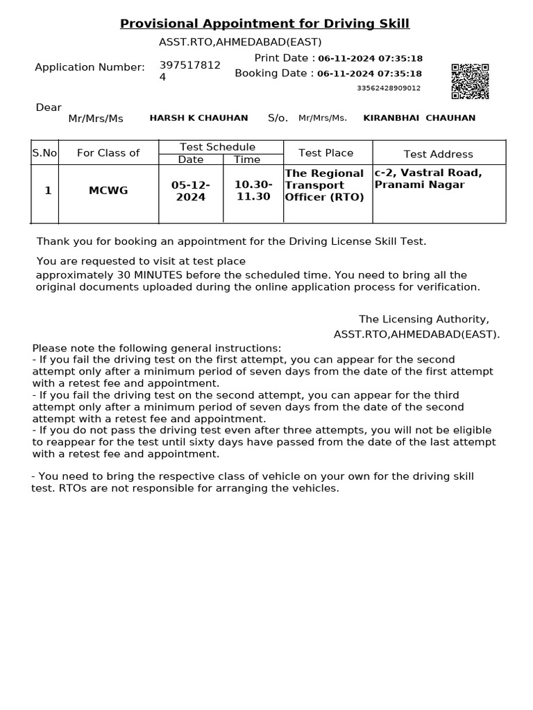 Provisional Appointment for Driving Test | PDF