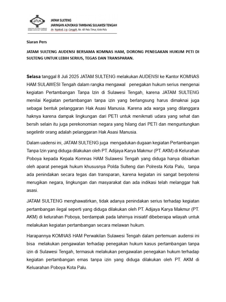Siaran Pers Jatam 9 Juli 2025 | PDF