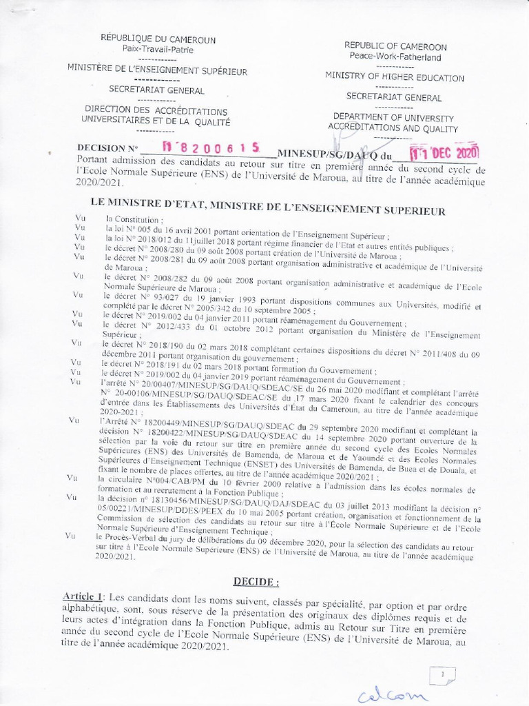 ENS Maroua 2020 - Retour Sur Titre | PDF