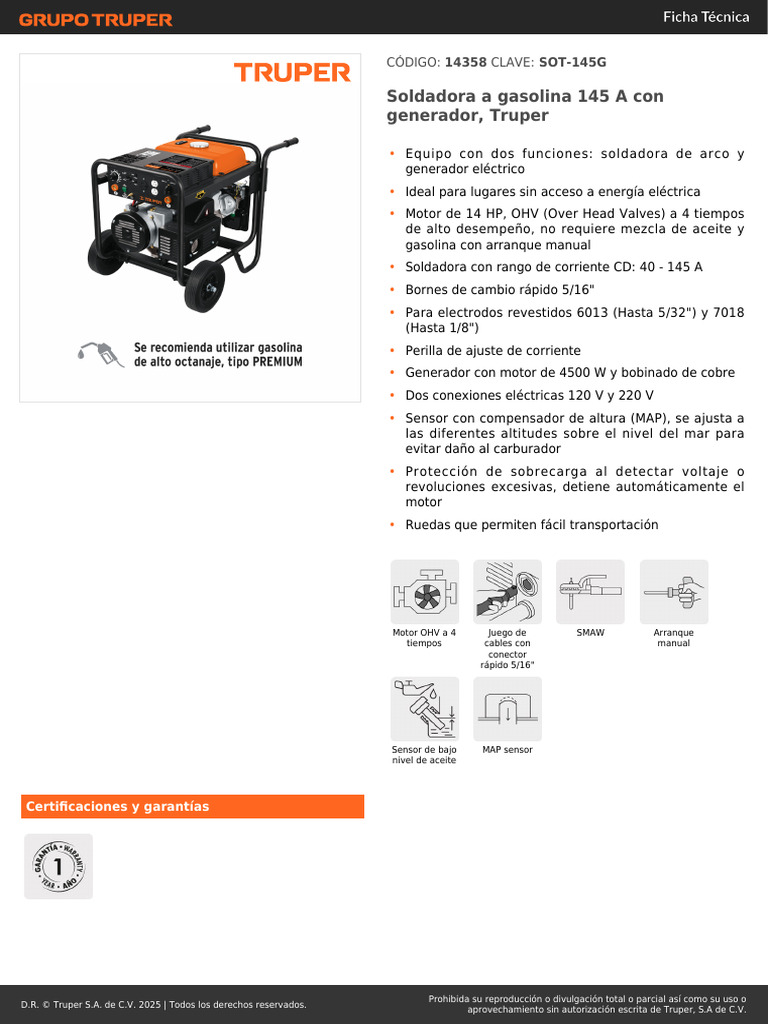Soldadora y generador 10,440 W gasolina | PDF | Generador eléctrico ...