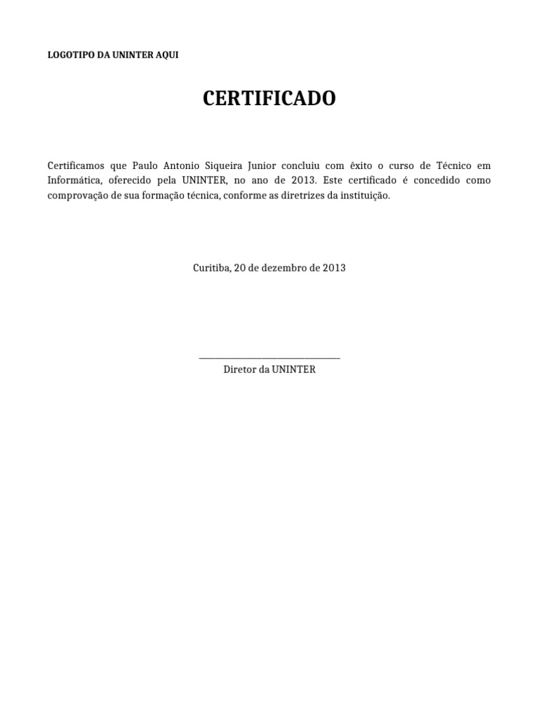 Certificado Tecnico Uninter Paulo | PDF