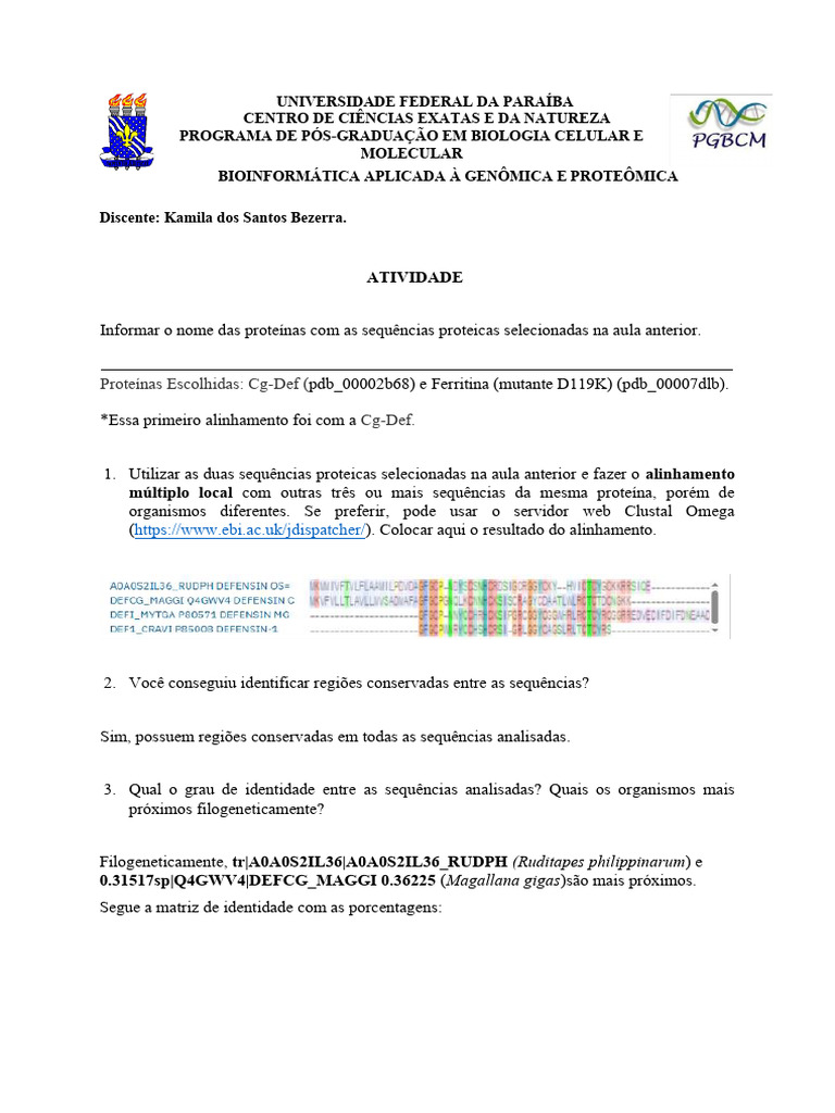 ATIVIDADE - ALINHAMENTO DE SEQUÊNCIAS - Kamila | PDF | Proteínas | Bioinformática