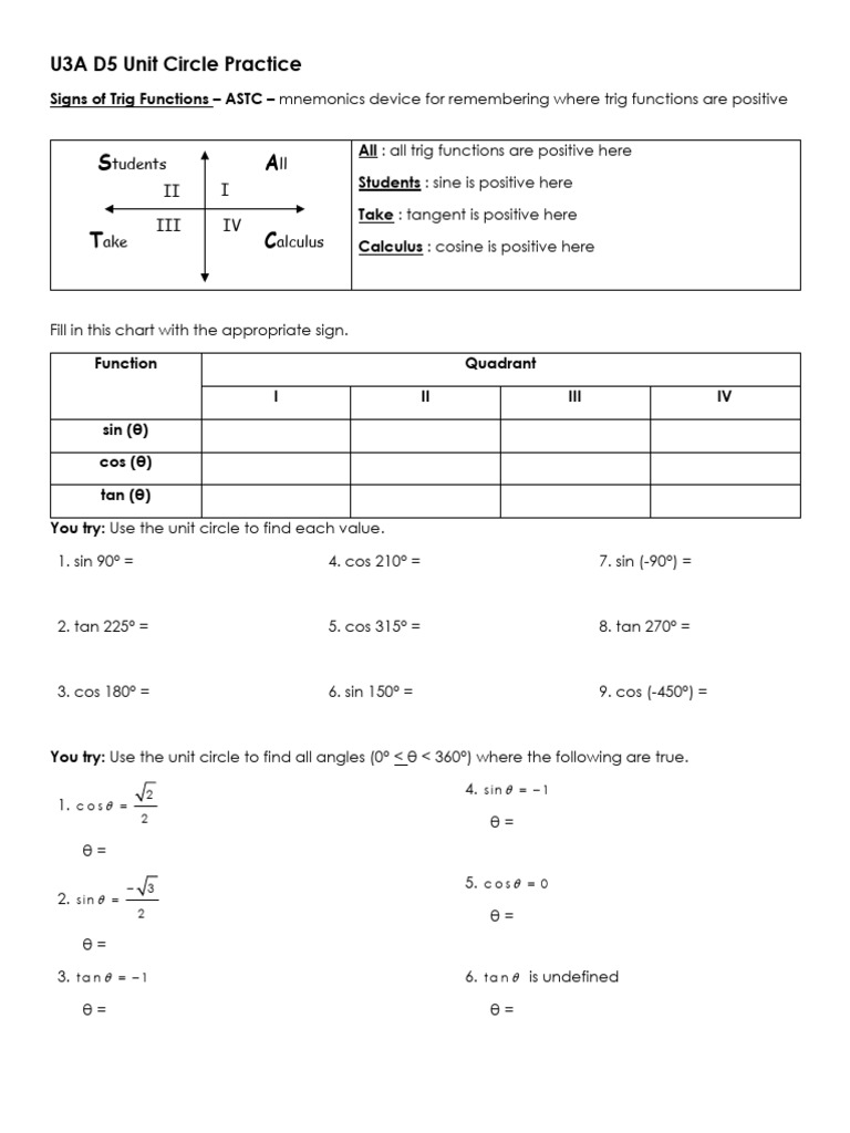 d5 Practice Unit Circle | PDF