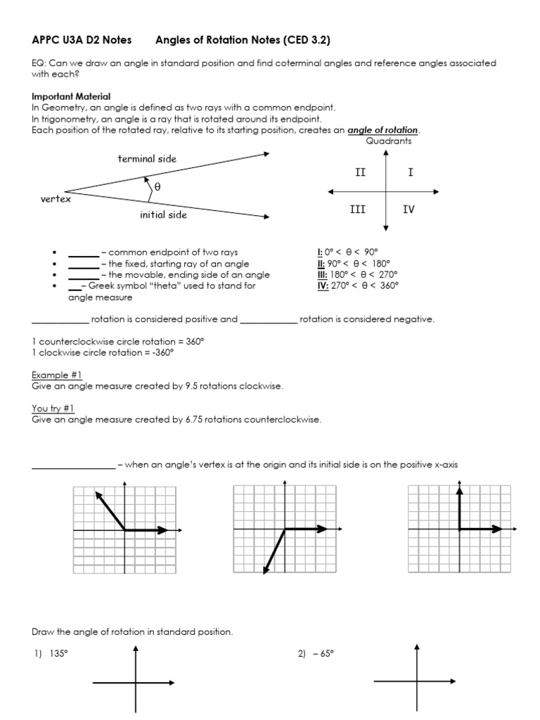 D2 NOTES and HW Angles of Rotation (CED 3.2) | PDF | Angle | Trigonometry